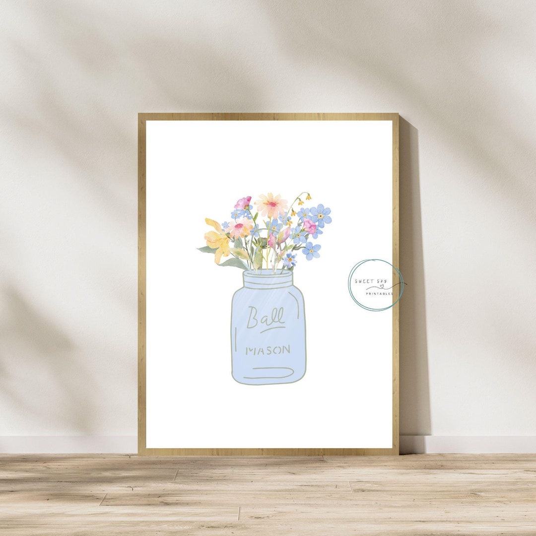Watercolor Flowers Ball Mason Jar Poster, Blue Mason Jar Art, Shabby ...
