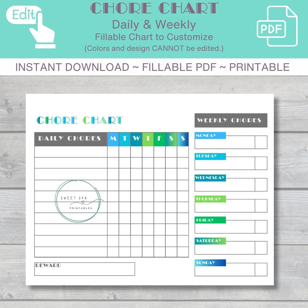 Kid's Chore Responsibility Chart, Chore List for Kids, Daily and Weekly ...