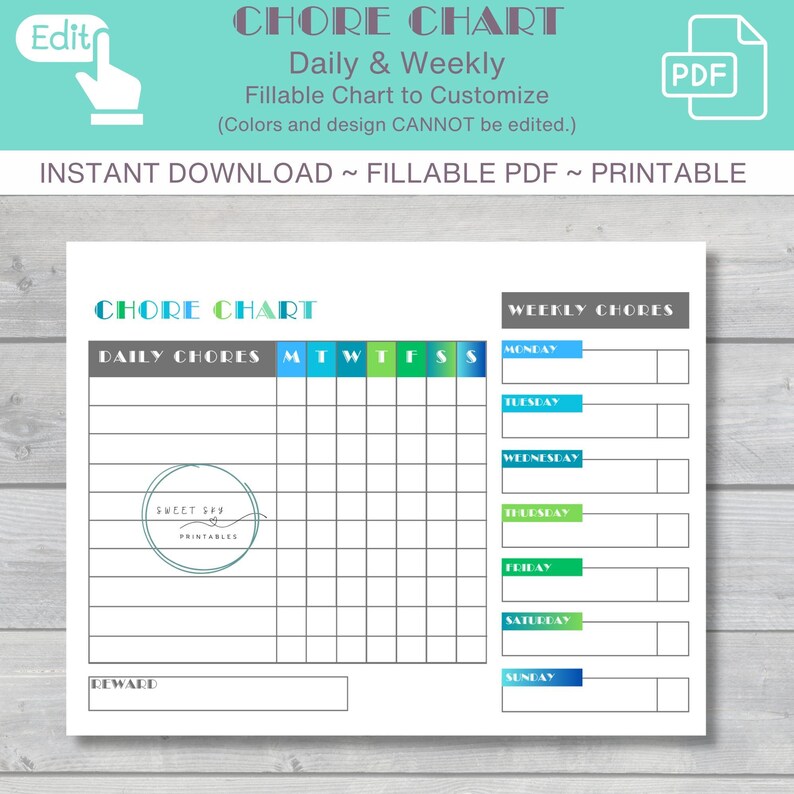 Kid's Chore Responsibility Chart, Chore List for Kids, Daily and Weekly ...