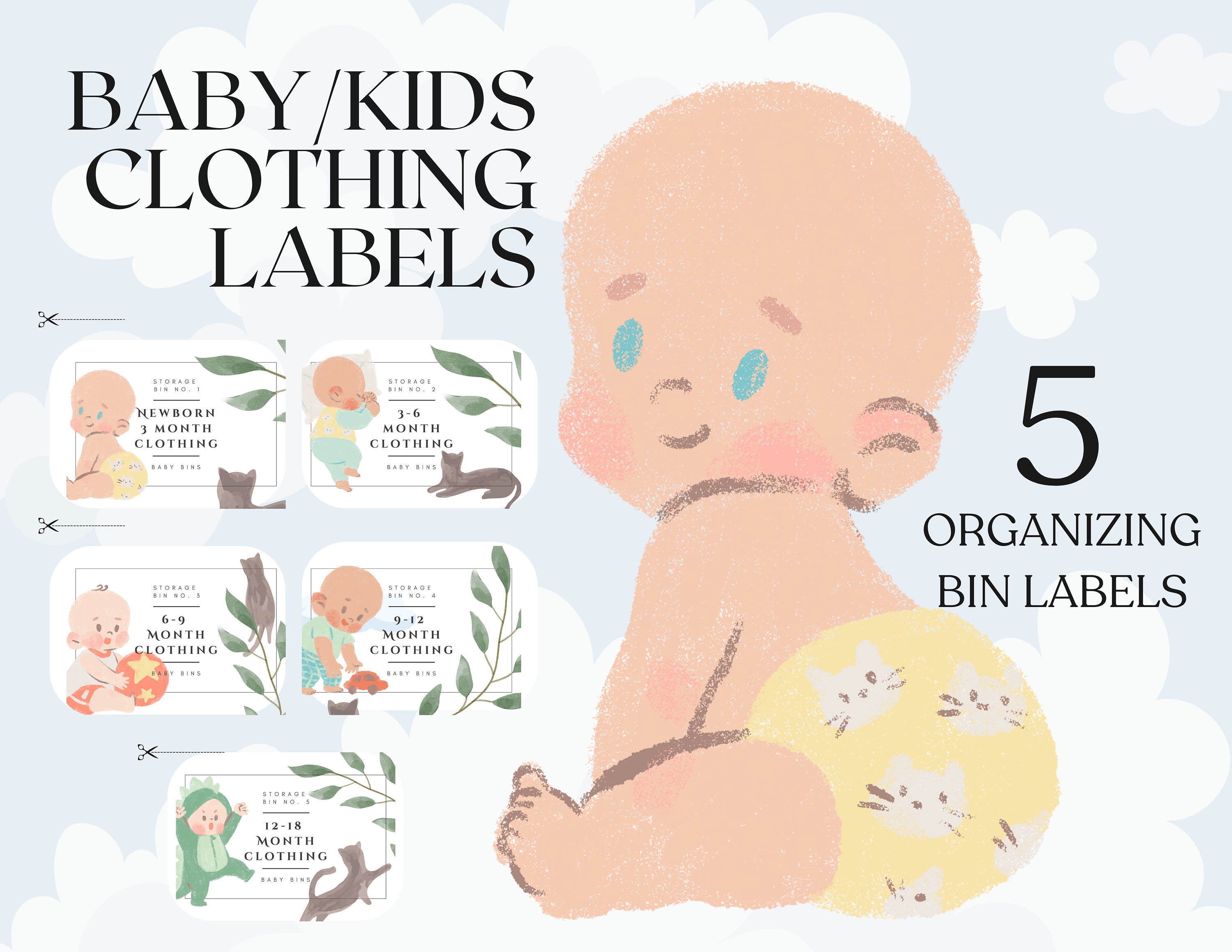 Cute Kids Bins Printable Labels for Baby Clothes Nursery Kids Closets ...