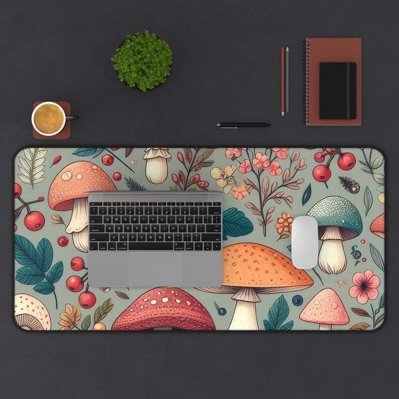Mushroom and Floral Desk Mat, Whimsical Aesthetic Desk Protector ...