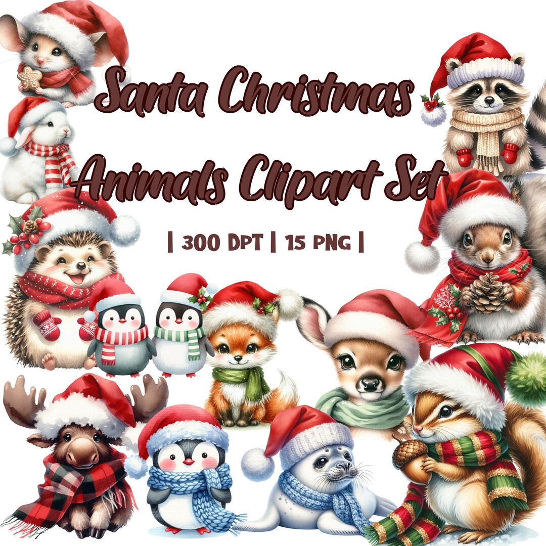 15 Cute Santa Animals Clipart Bundle | Xmas PNG Sublimation | Winter ...