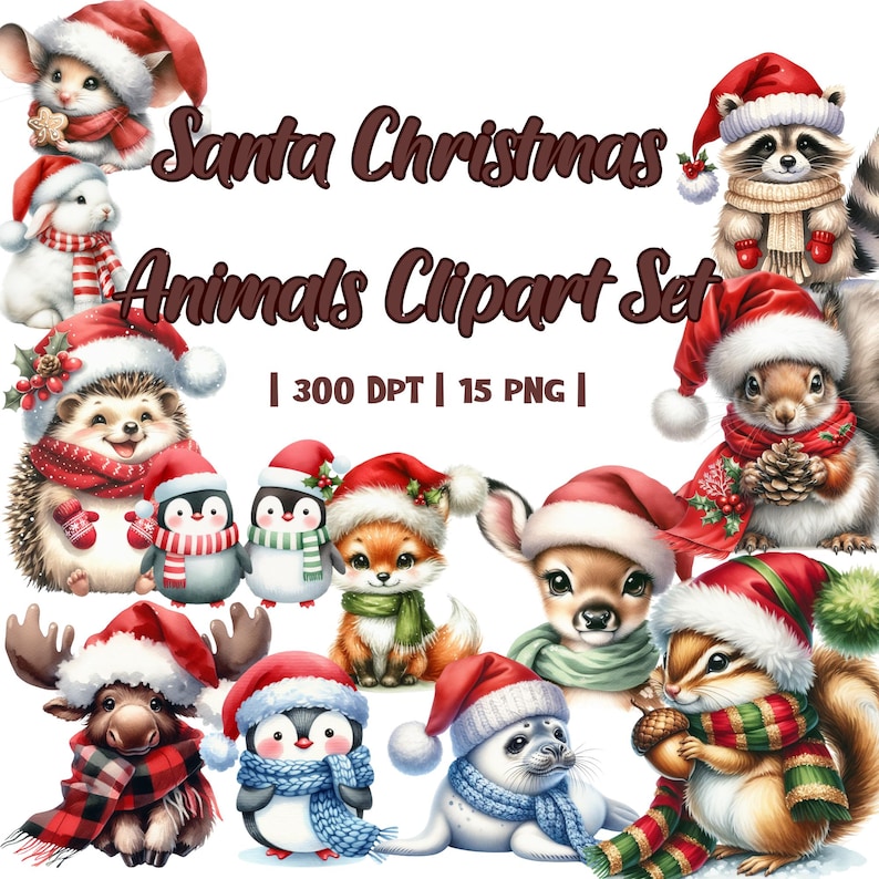 15 Cute Santa Animals Clipart Bundle | Xmas PNG Sublimation | Winter ...
