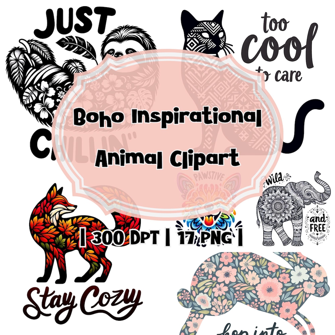 Boho Animal Clipart Bundle: Mandala Fox, Elephant, Bear, Cat, Rabbit ...