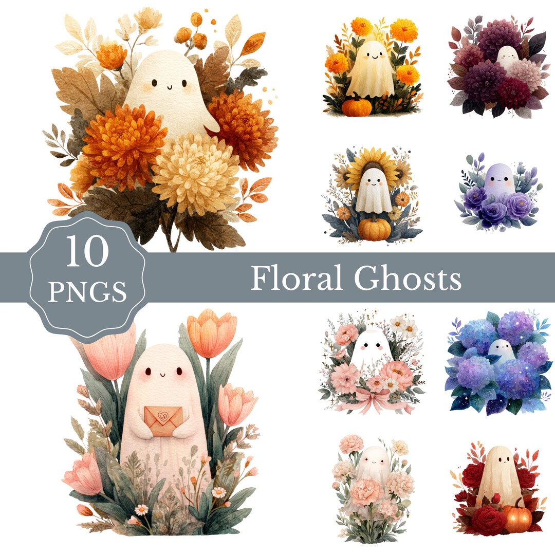 Floral Ghost Clipart Set • Watercolor Ghost Pngs • Cute Halloween ...