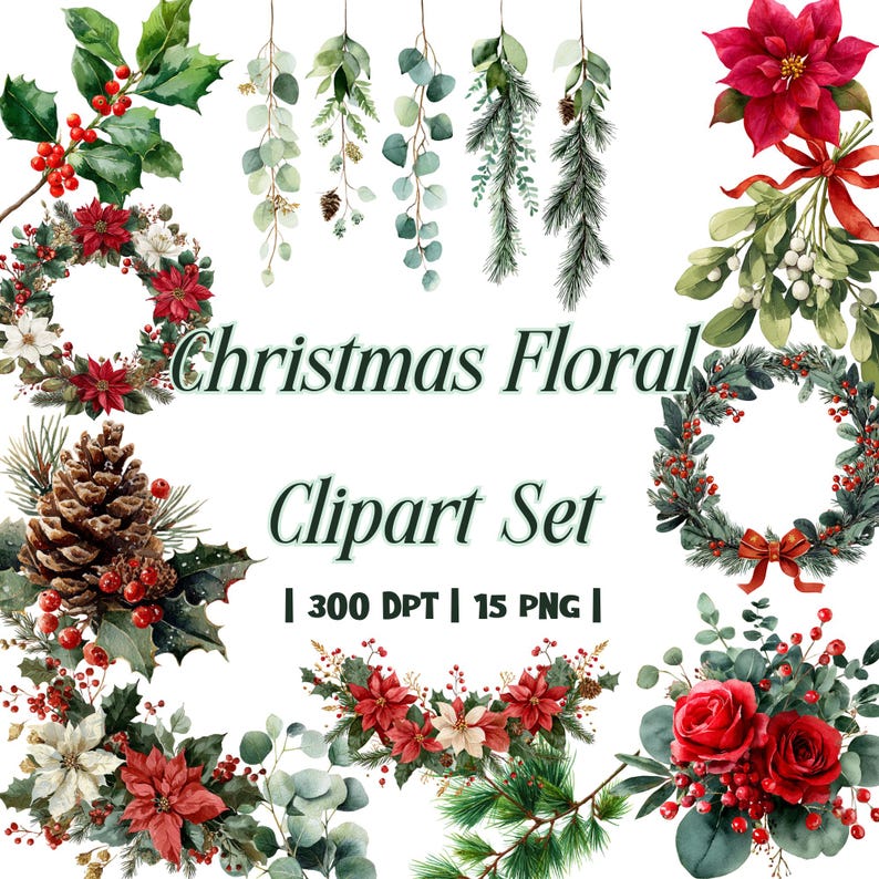 Christmas Floral Clipart Set | Watercolor Holiday PNG Bundle ...