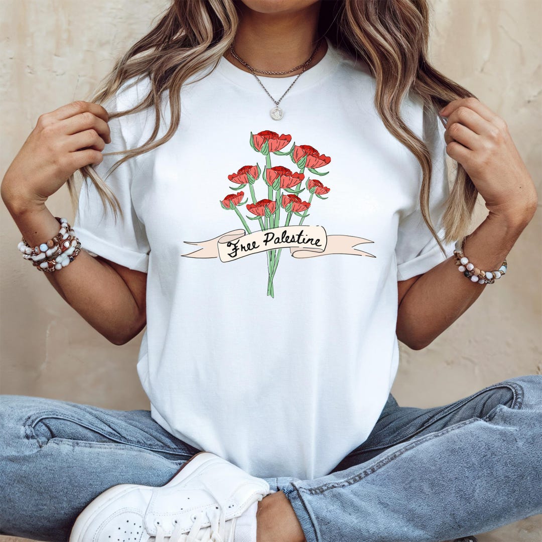 Free Palestine T-shirt Red Poppy Bouquet Design Palestinian Solidarity ...