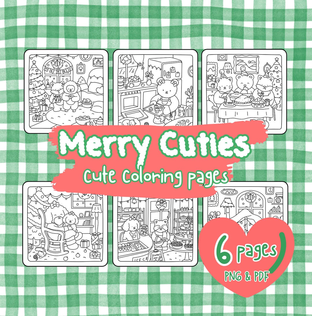 Merry Cuties: Super Cute & Cozy Coloring Pages, 6 Adorable PDF and PNG ...