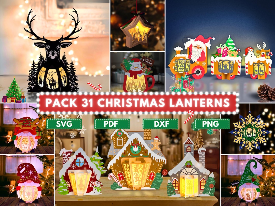 Pack 31 Weihnachtslaternen SVG, Gnom, Stern, Weihnachtsmann, Schneemann, Kakao, Hirsch ...