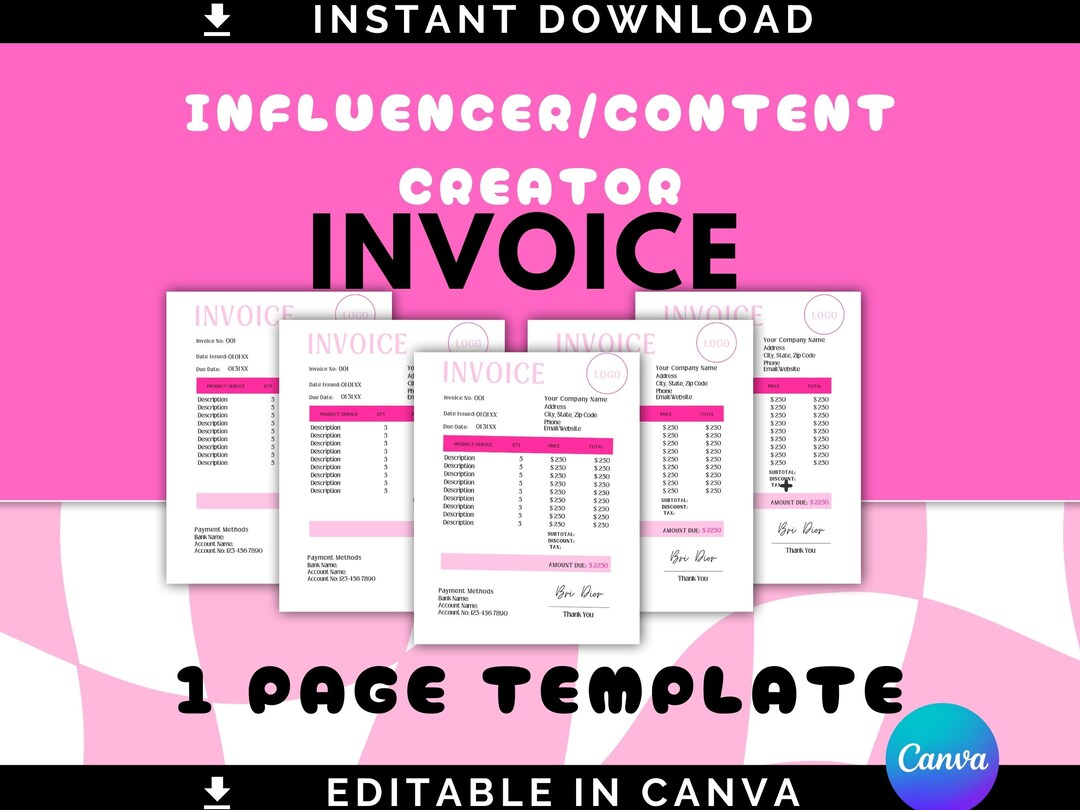 Invoice Template Editable , Content Creators, Tik Tok Influencer ...