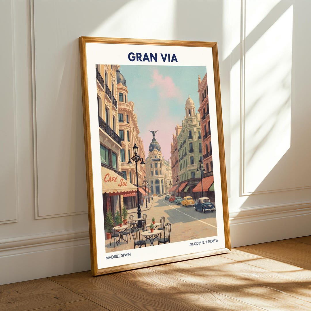 Madrid Gran Vía Poster – Blue and Pink Urban Landscape | Vintage Travel ...