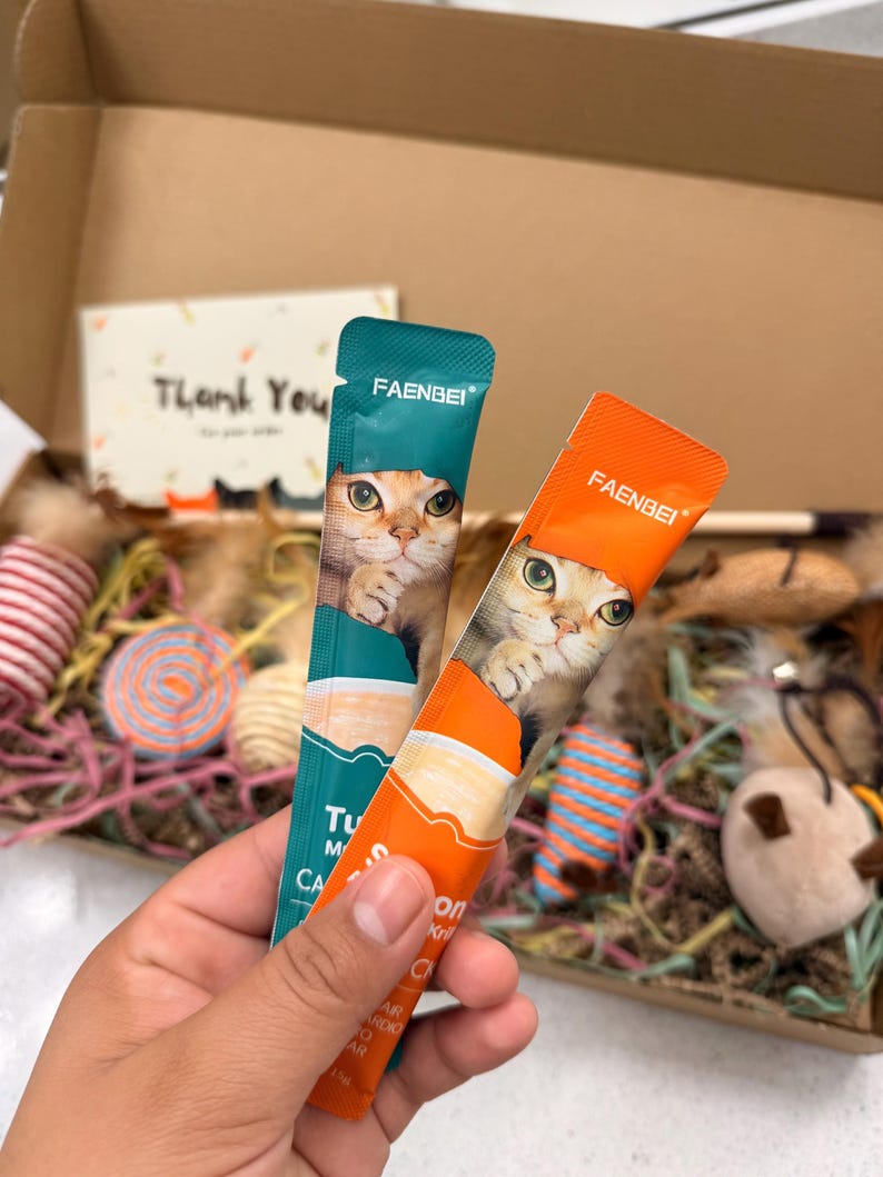 Handmade Cat Toy Gift Box – Feather Wand, Treats, Interactive Kitty Set ...