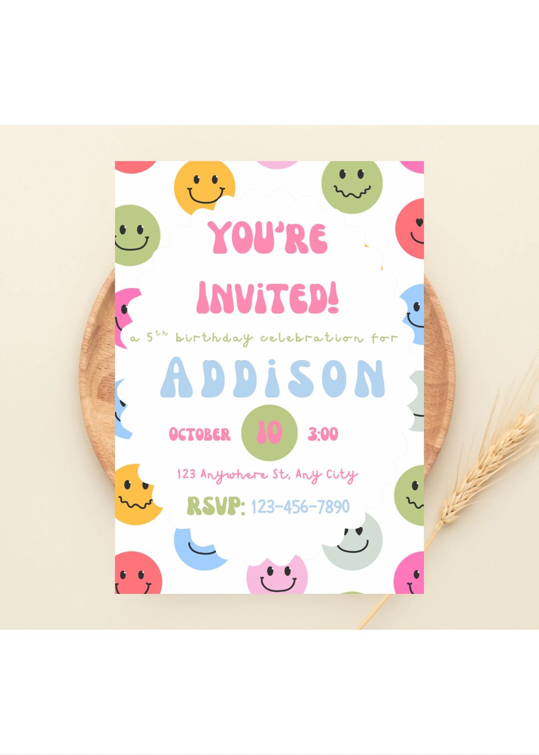 Smiley Birthday Party Invitation Template, Girl Birthday Invitation ...