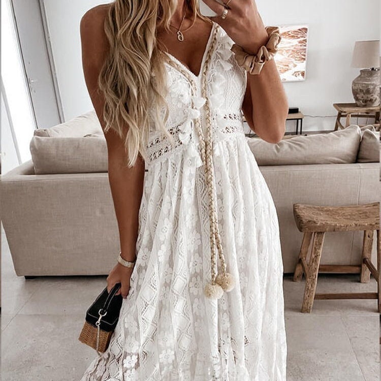 Weißes Boho Spitzenkleid Boho Style, Boho Sommerkleid, Boho Kleid ...