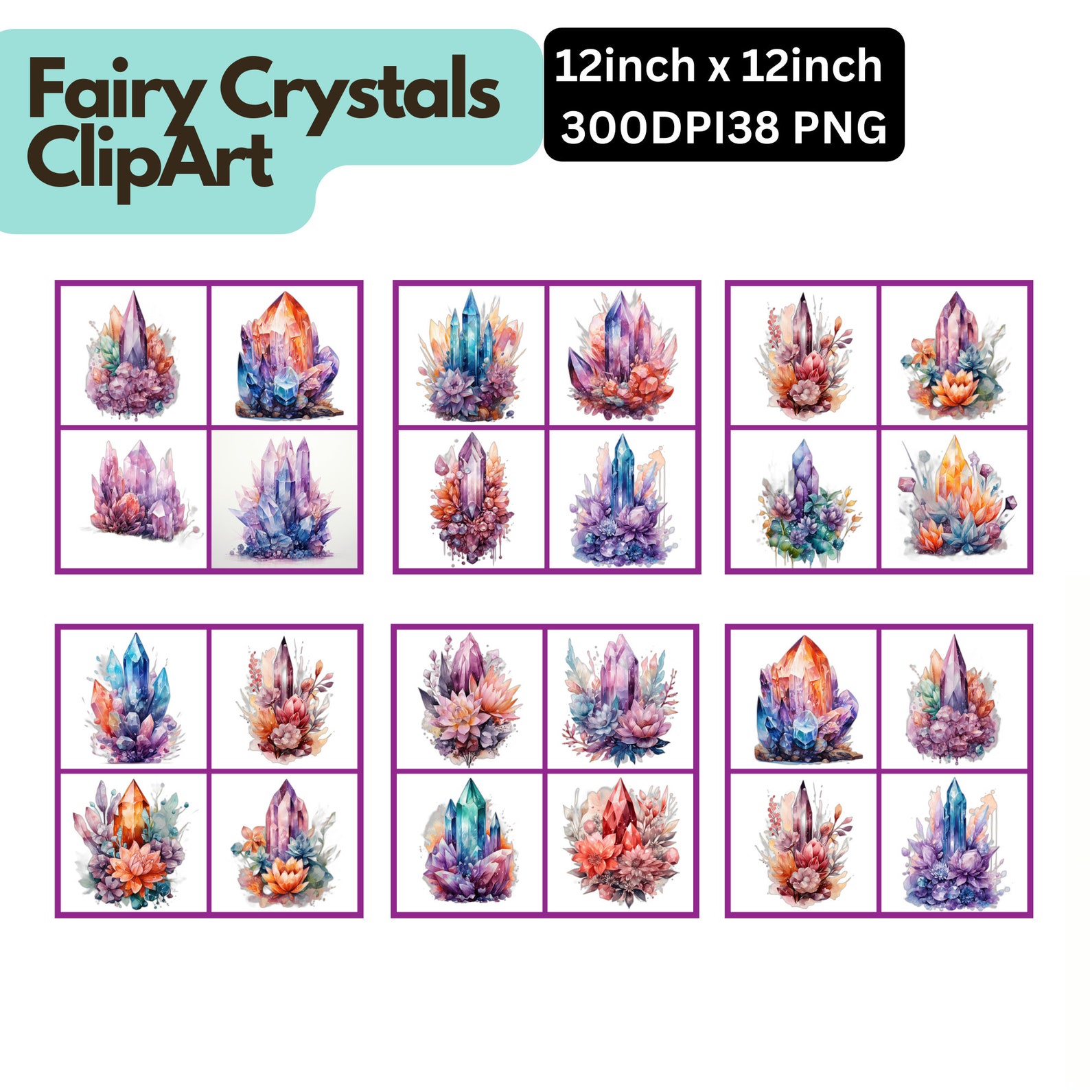 Fairy Clipart Watercolor Fantasy Crystals With Transparent Backgrounds ...