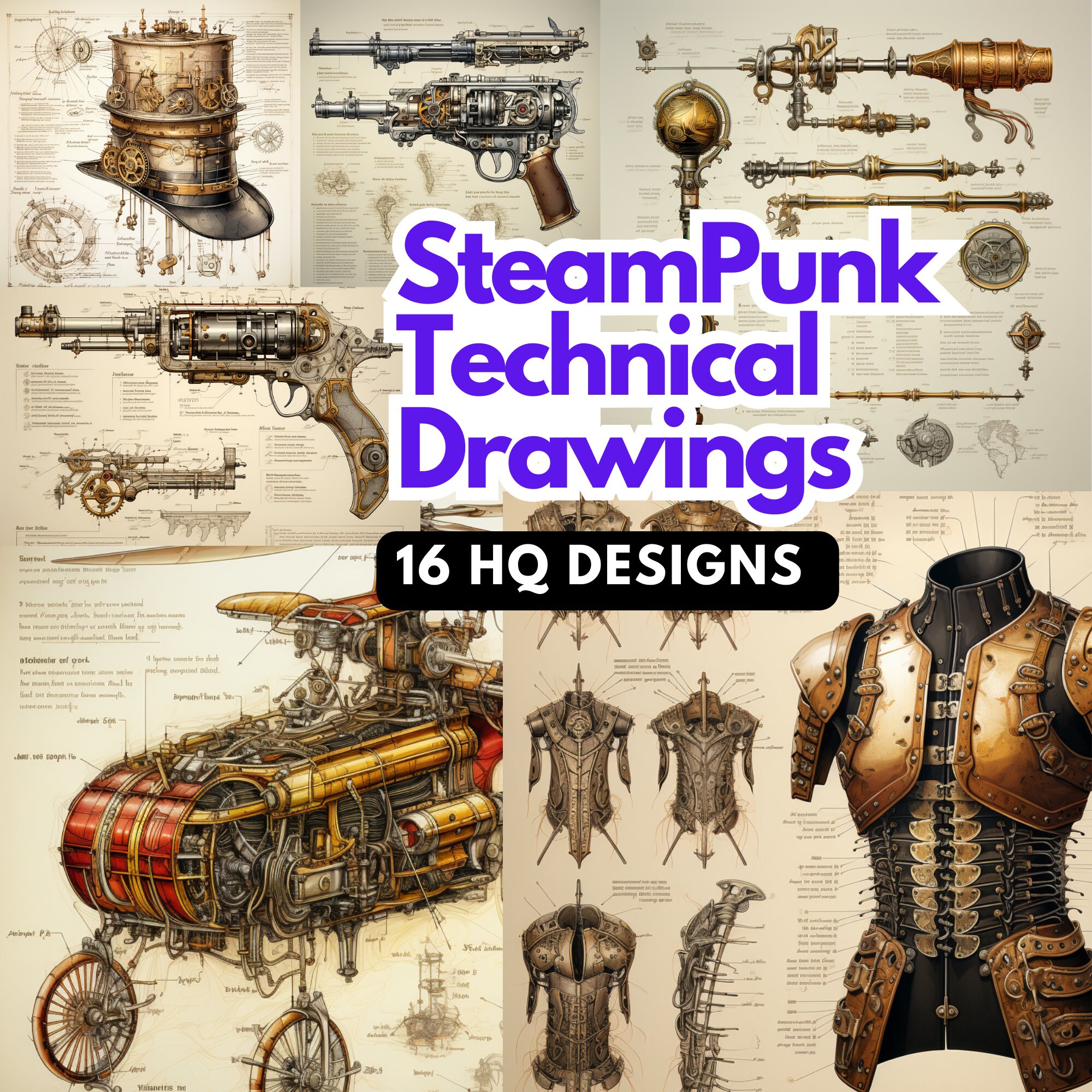 Steampunk Technical Drawings Blueprints, Retro Tech Art, Steampunk Gift ...