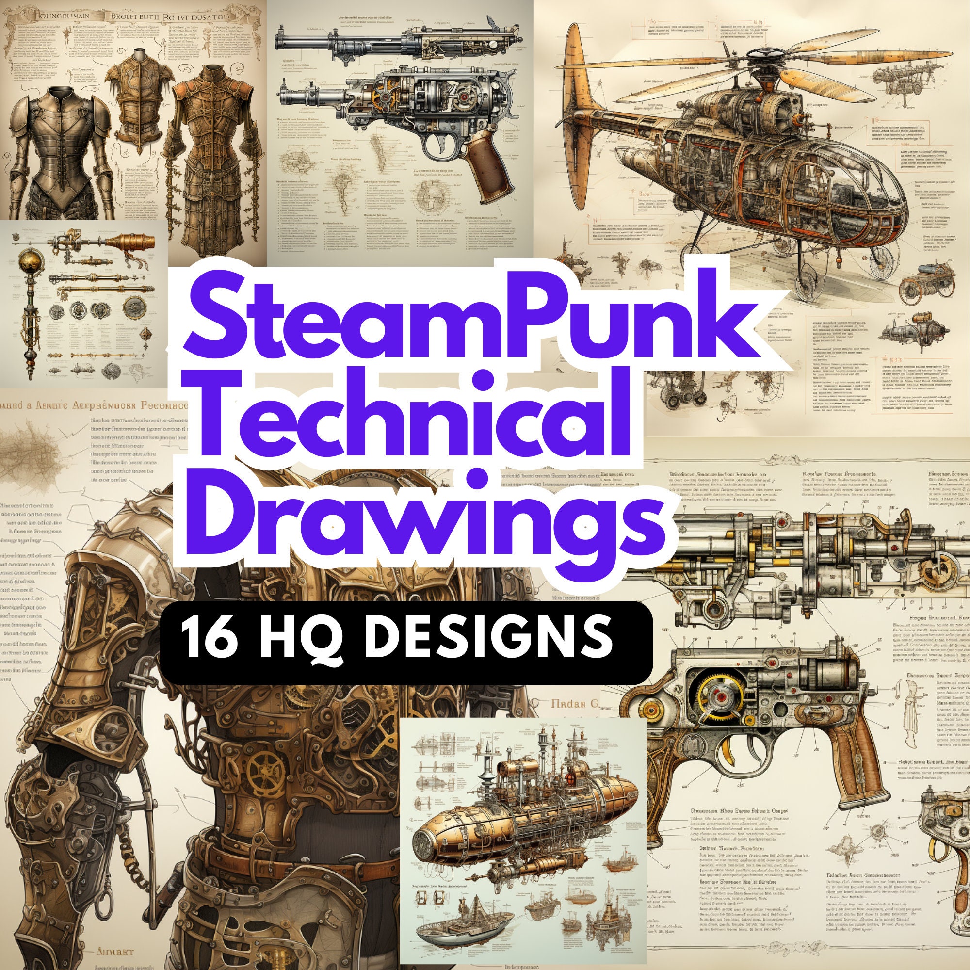 Steampunk Technical Drawings Blueprints, Retro Tech Art, Steampunk Gift ...
