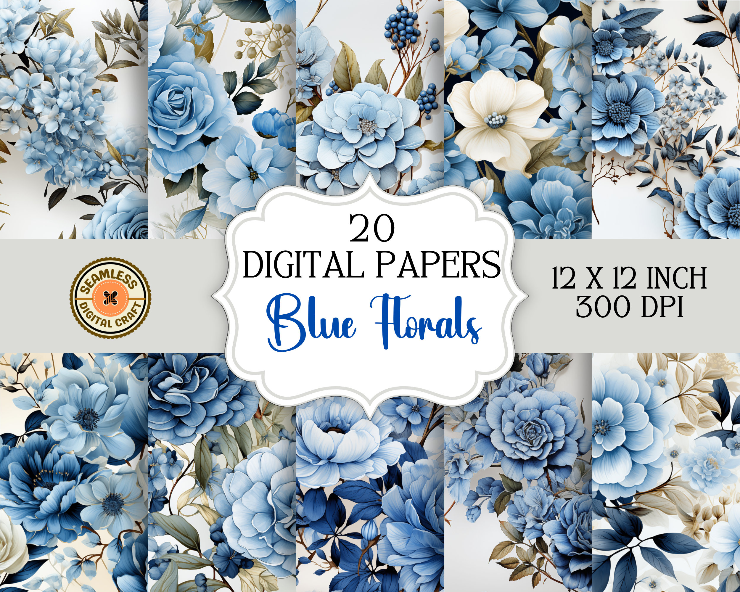 Blue Floral Digital Paper, 20 Powder Blue Flower Designs Scrapbooking ...