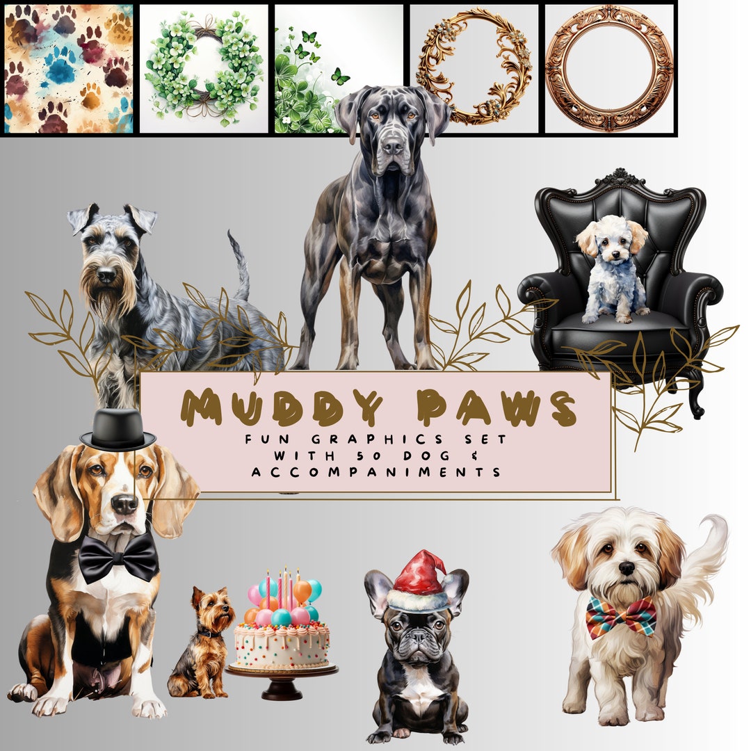 Watercolor Dog Clip Art, Muddy Paws & Flowers, Patterns, Transparent ...
