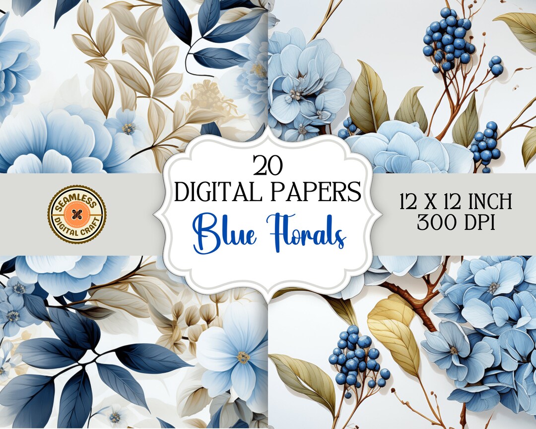 Blue Floral Digital Paper, 20 Powder Blue Flower Designs Scrapbooking ...