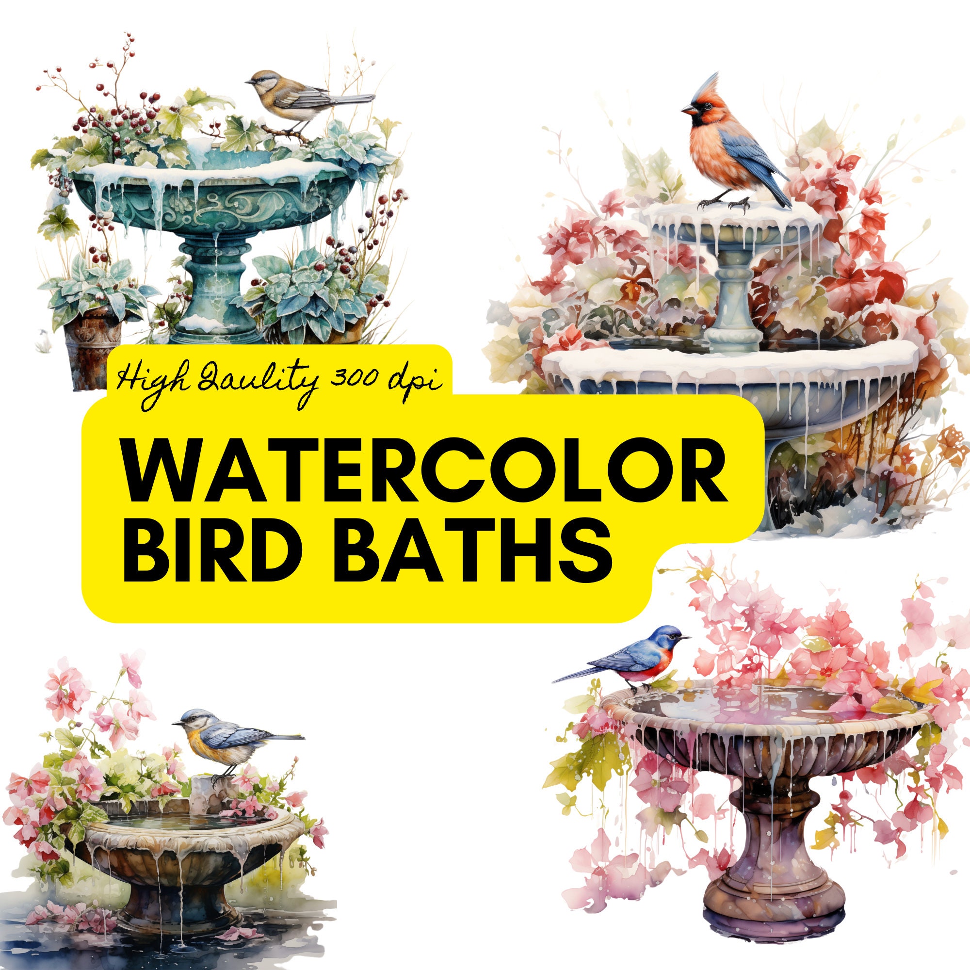 Watercolor Birdbaths Clipart Springtime Cute Garden Bird Bath Scenery ...