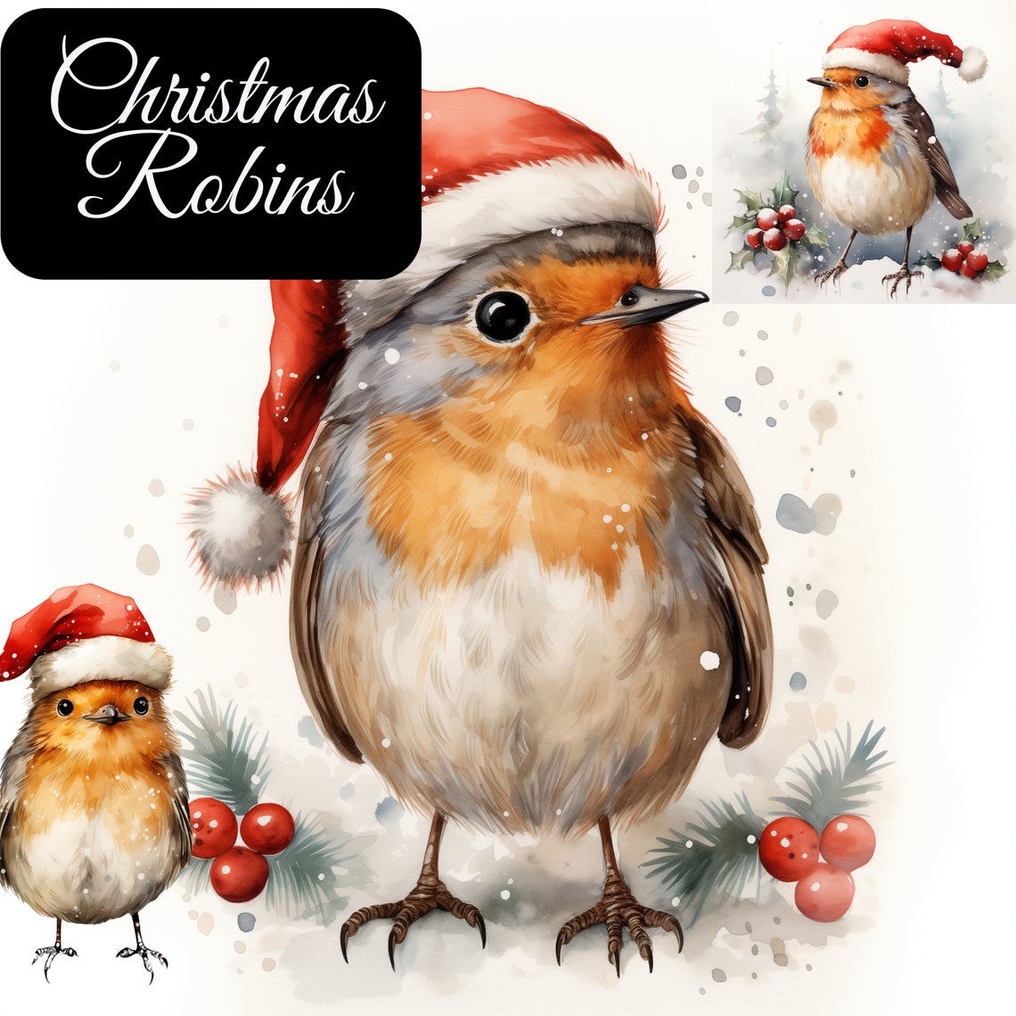 Christmas Robin Clipart, Printable Watercolor Clip Art High Quality ...