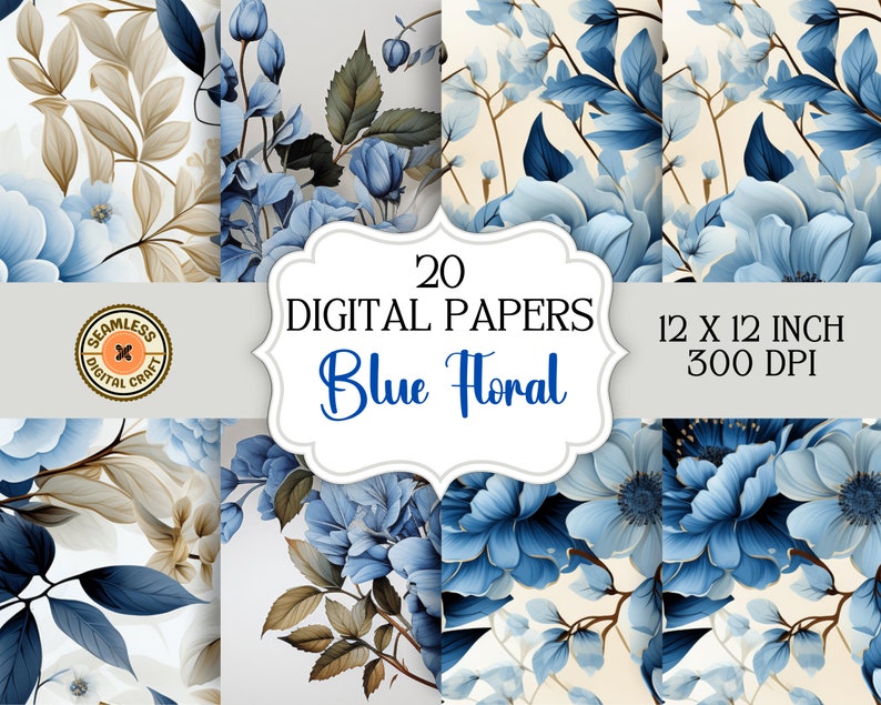Blue Floral Digital Paper, 20 Powder Blue Flower Designs Scrapbooking ...