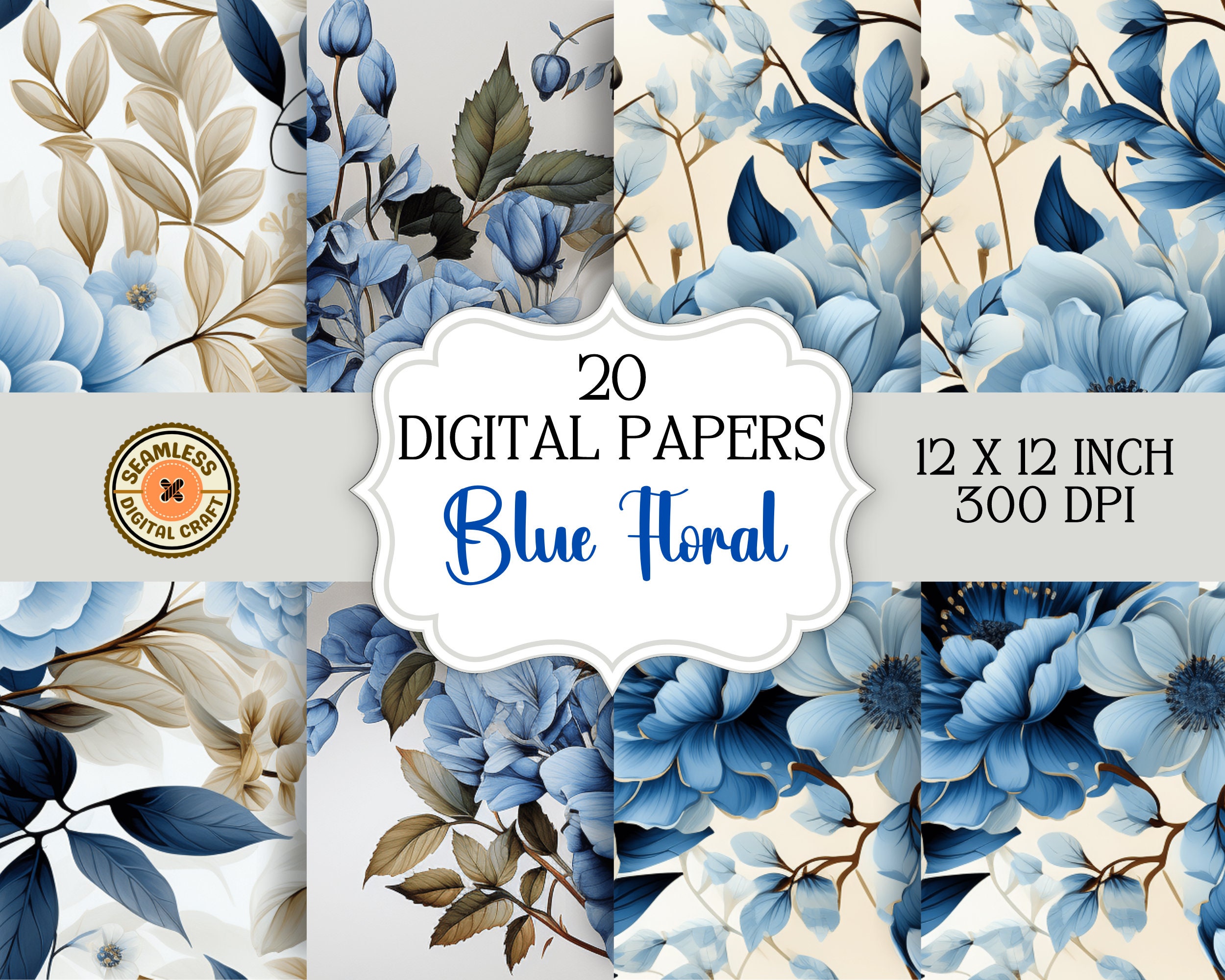 Blue Floral Digital Paper, 20 Powder Blue Flower Designs Scrapbooking ...