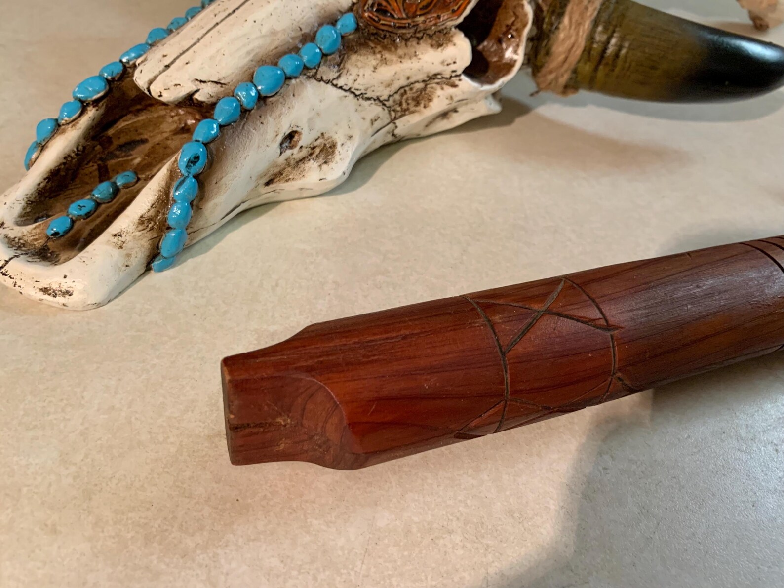 Vintage Native American Hand-carved Wooden Peace Pipe With Geometric ...