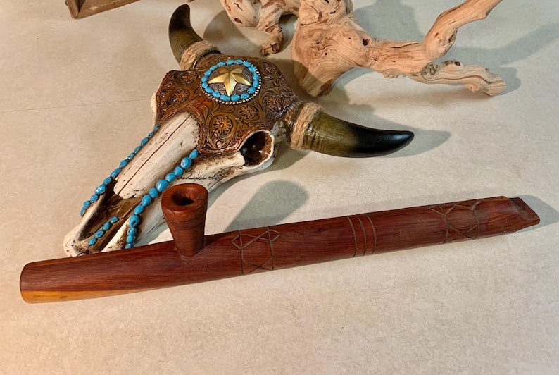 Vintage Native American Hand-carved Wooden Peace Pipe With Geometric ...