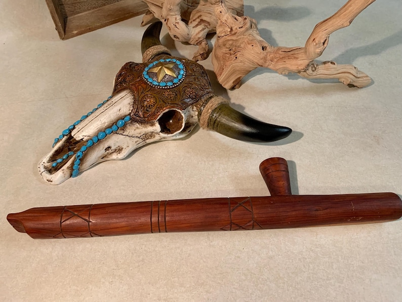 Vintage Native American Hand-carved Wooden Peace Pipe With Geometric ...