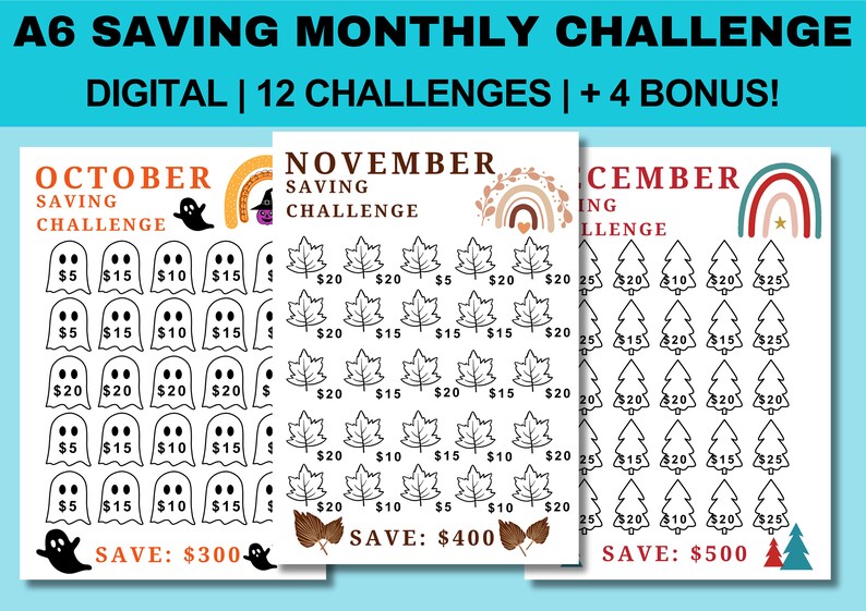 A6, Boho Rainbow Monthly Saving Challenges, A6 Savings Challenge Printable, A6 Saving Tracker ...