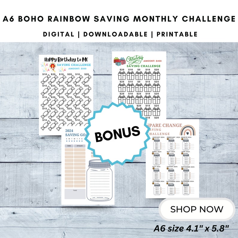 A6, Boho Rainbow Monthly Saving Challenges, A6 Savings Challenge Printable, A6 Saving Tracker ...