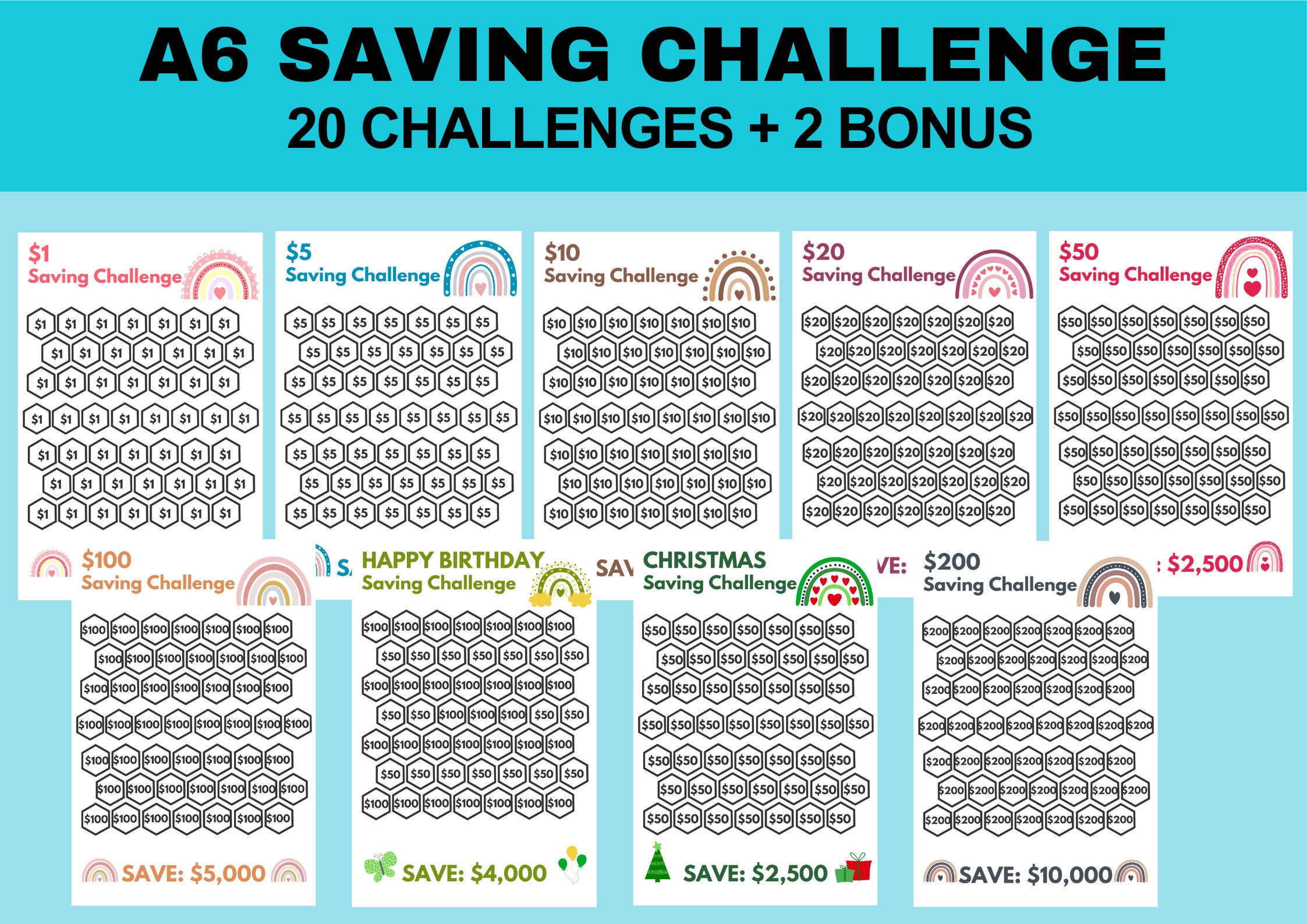 A6, Boho Rainbow Money Saving Challenges, A6 Savings Challenge Printable, A6 Saving Tracker, A6 ...