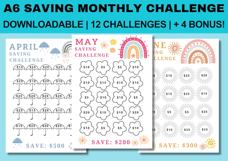 A6, Boho Rainbow Monthly Saving Challenges, A6 Savings Challenge Printable, A6 Saving Tracker ...