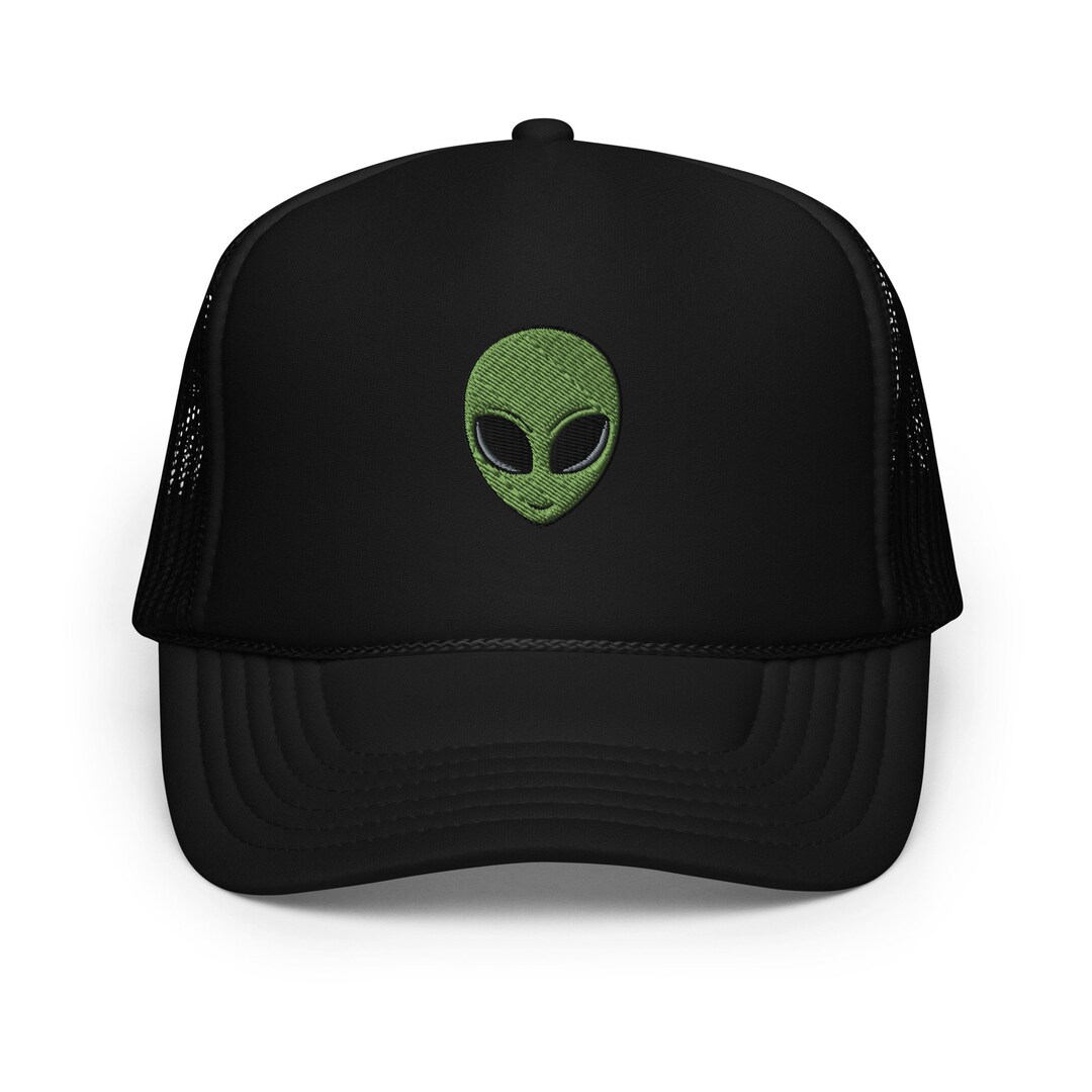 Embroidered Green Alien Face Trucker Hat, UFO Enthusiast Cap, Sci-fi ...