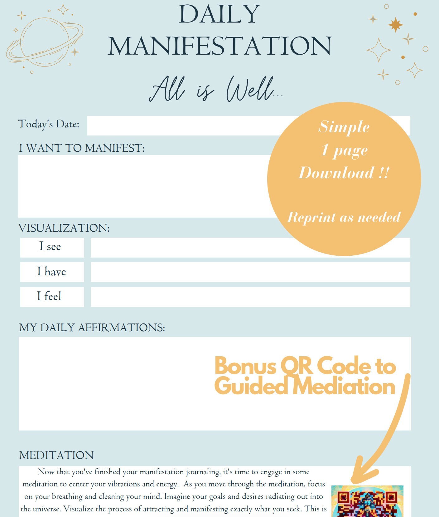 Manifestation Journal/template With Bonus Guided Meditation Instant ...