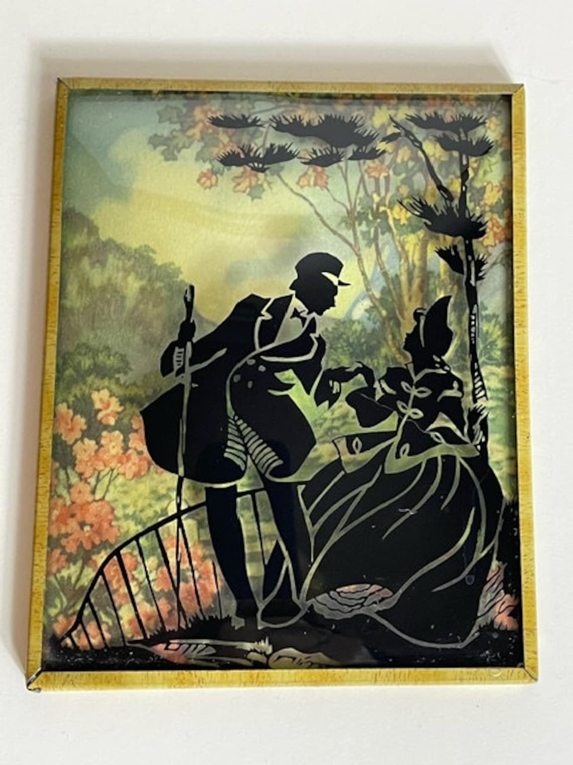 Vintage Convex Glass Reverse Painted Silhouette Spring Courting Scene ...