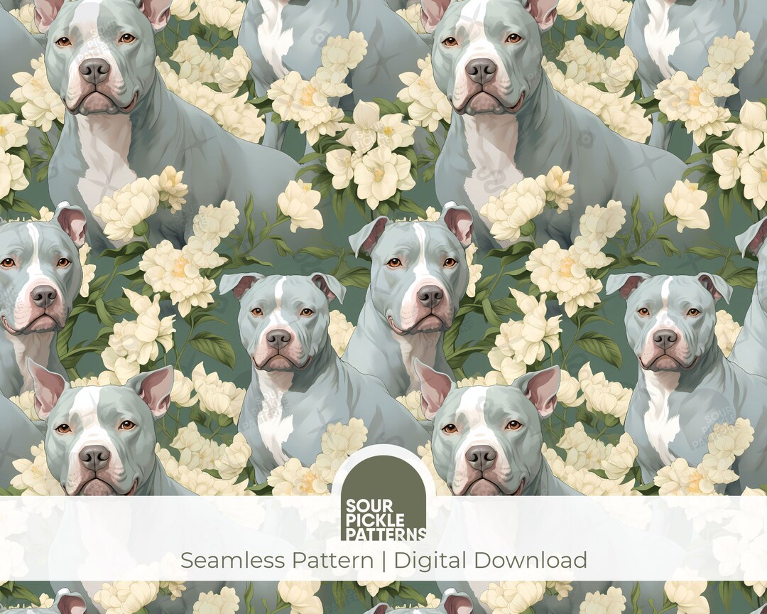 Pitbull Digital Pattern, Dog Illustration, Cute Large Breed Puppy ...