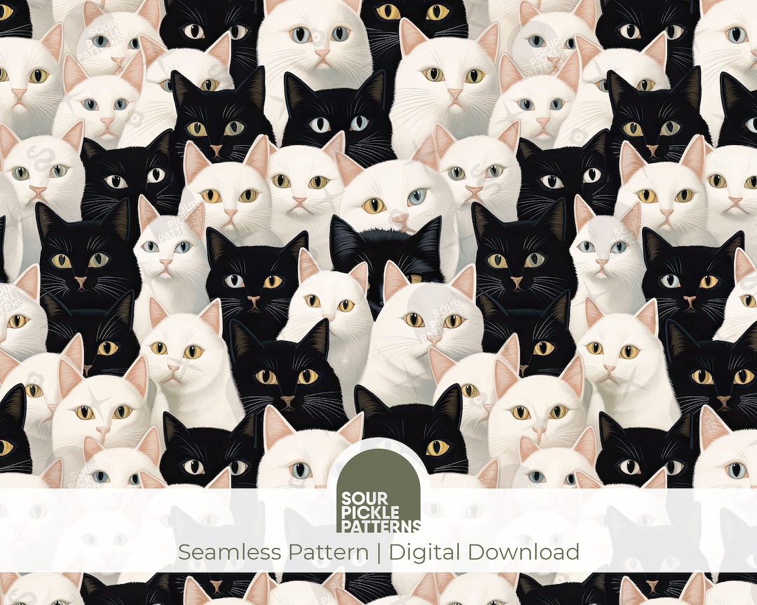 Black and White Cat Pattern, Seamless Kitten Illustration for ...