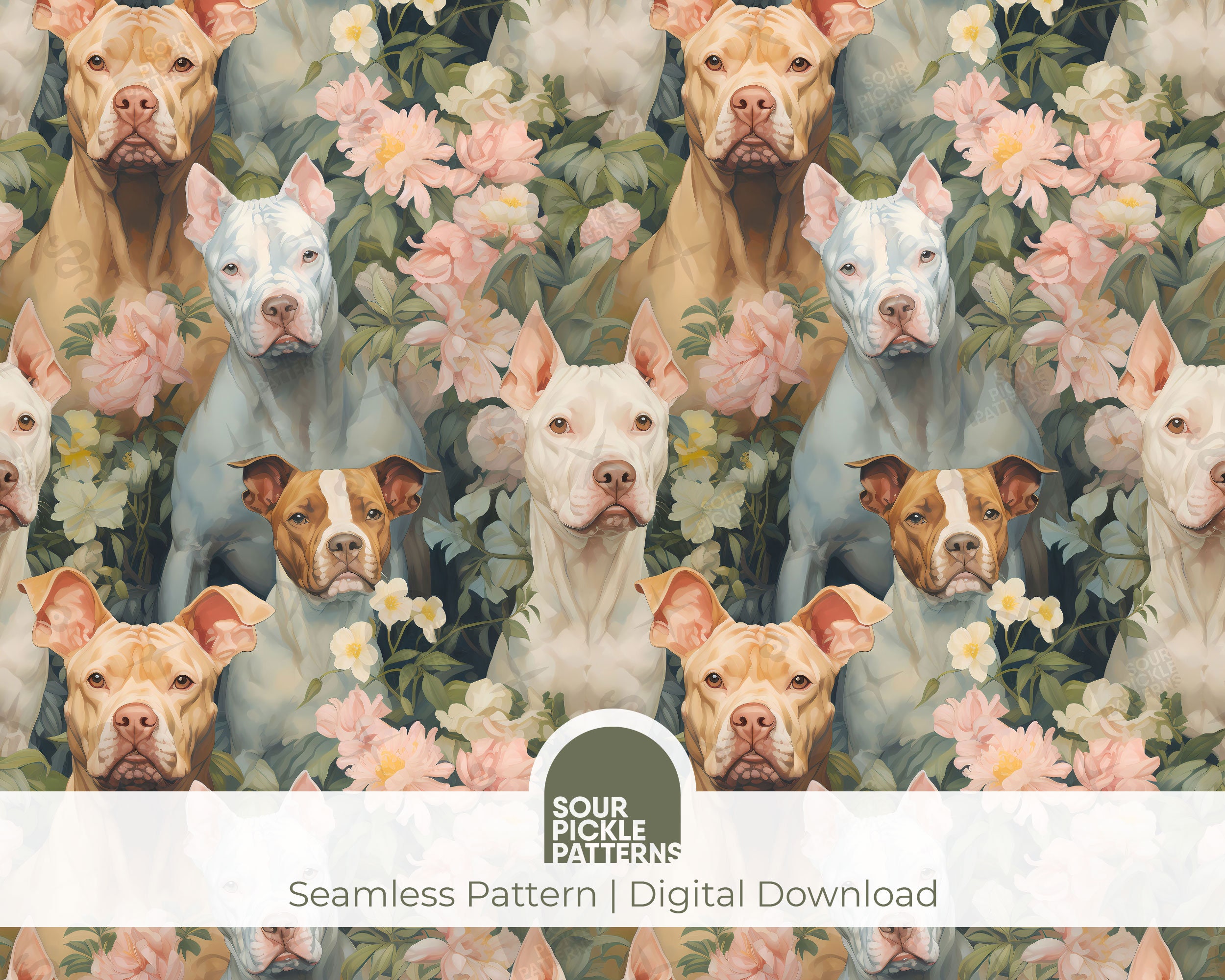 Pitbull Digital Paper, Seamless Dog Pattern, Cute Large Breed Puppy Jpg ...