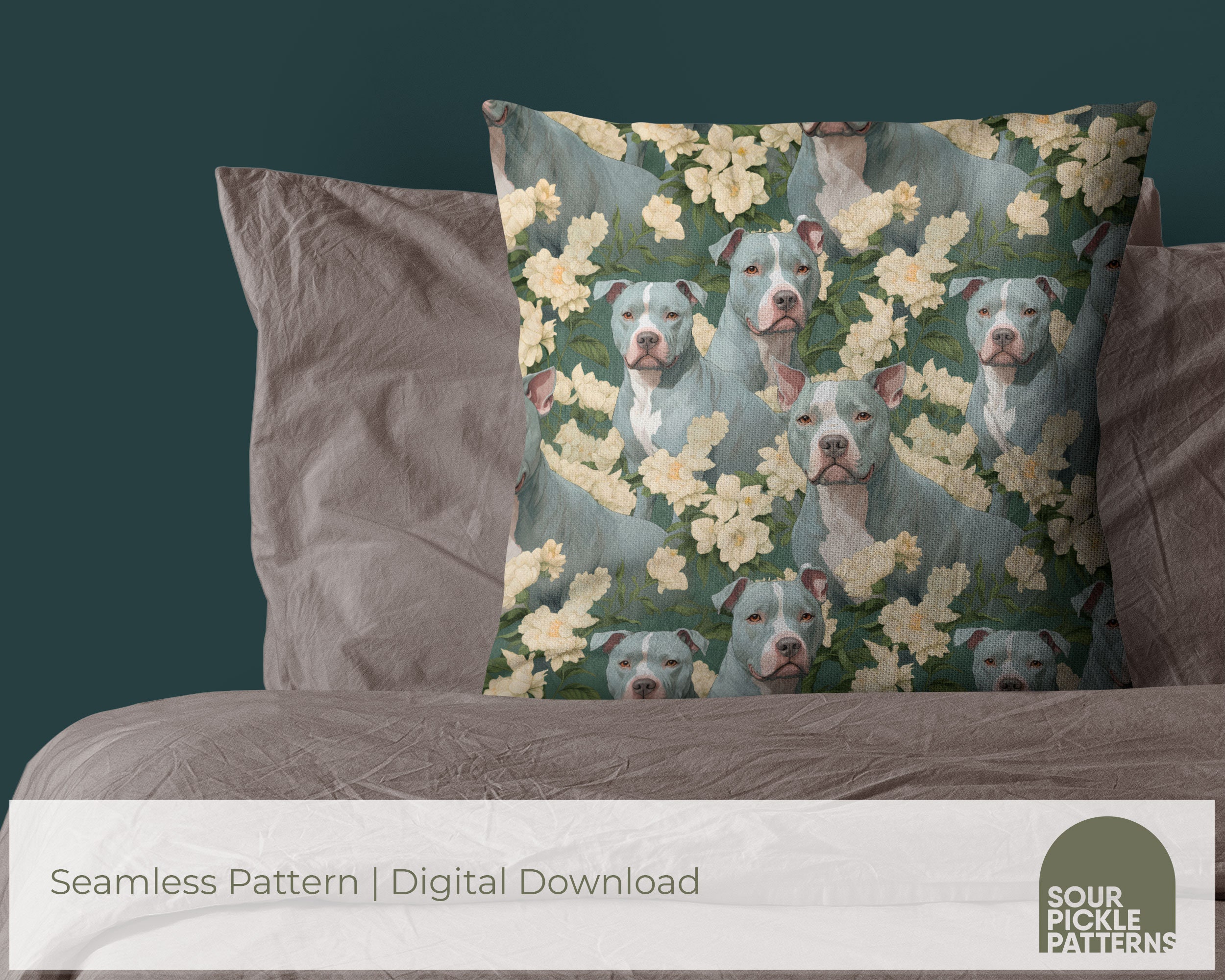 Pitbull Digital Pattern, Dog Illustration, Cute Large Breed Puppy ...