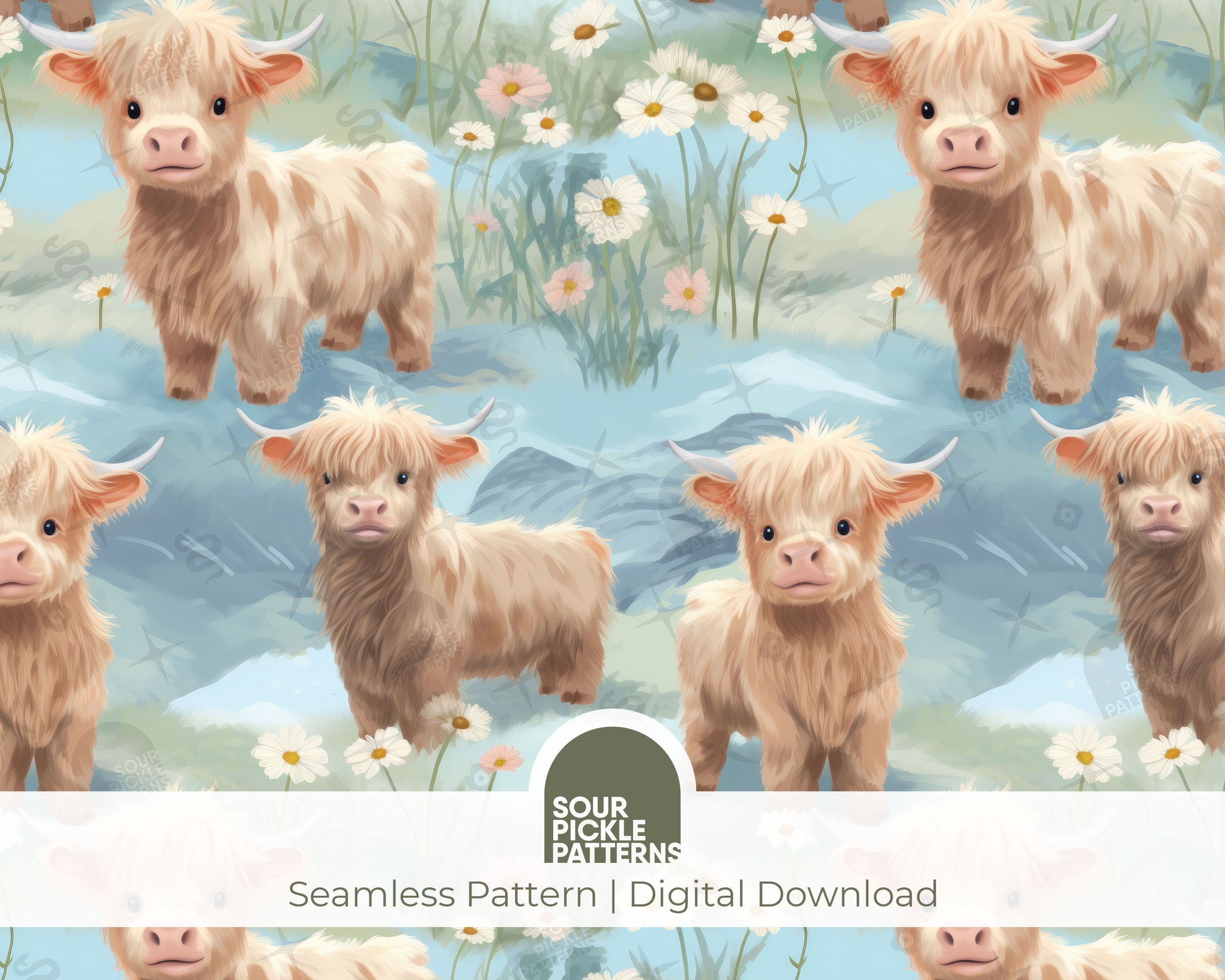 Highland Cow Digital Paper - Cute Seamless Cow Pattern - JPG Instant ...
