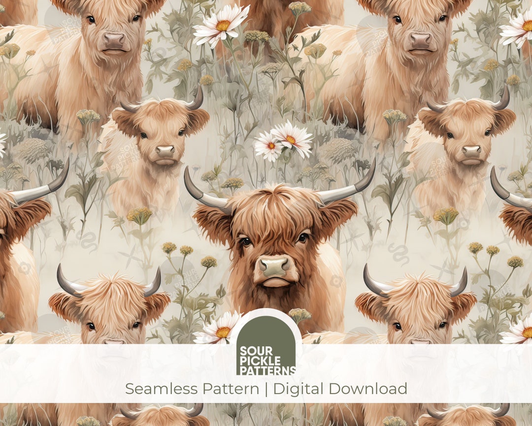 Highland Cow Digital Paper - Cute Seamless Cow Pattern - JPG Instant ...