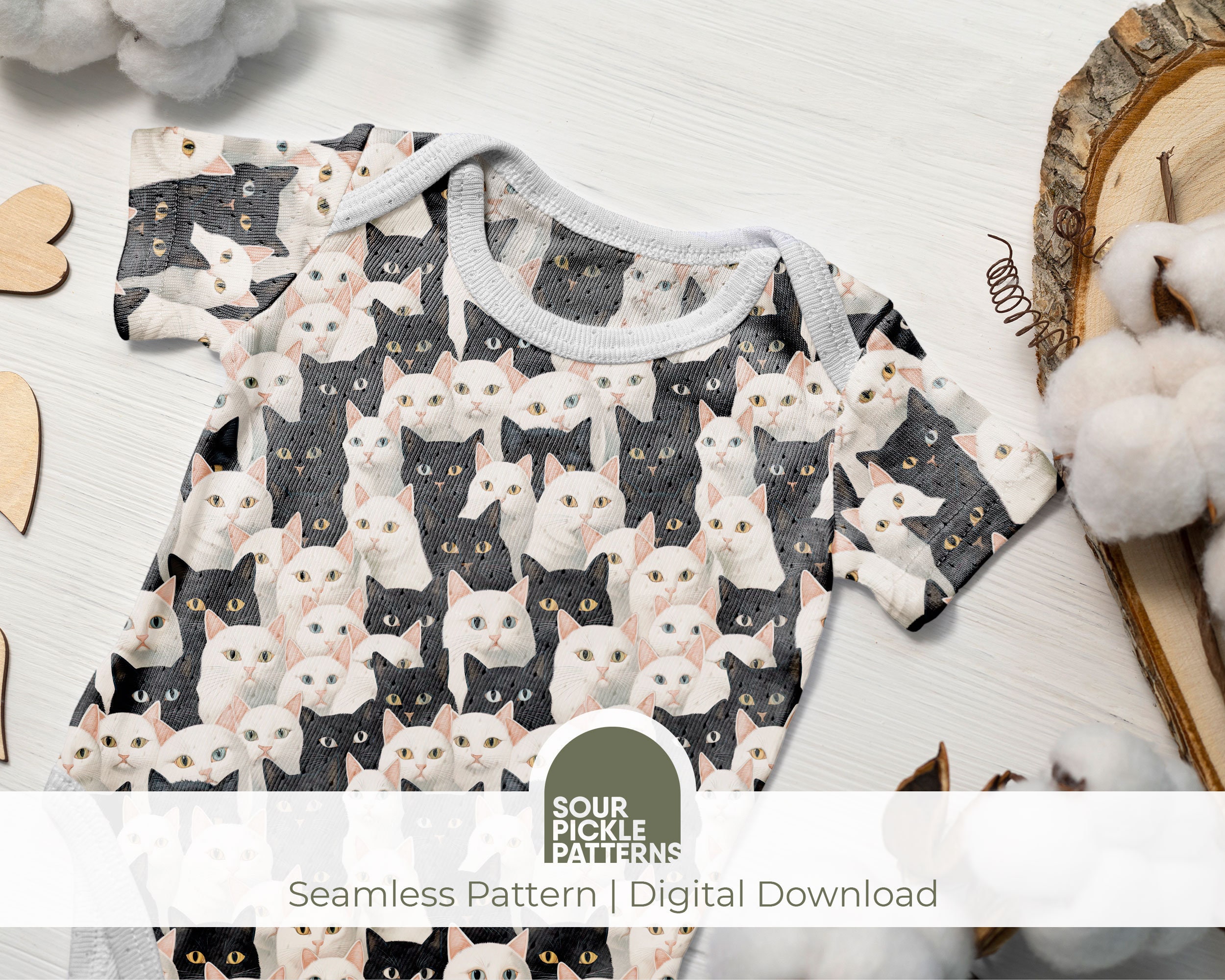 Black and White Cat Pattern, Seamless Kitten Illustration for ...