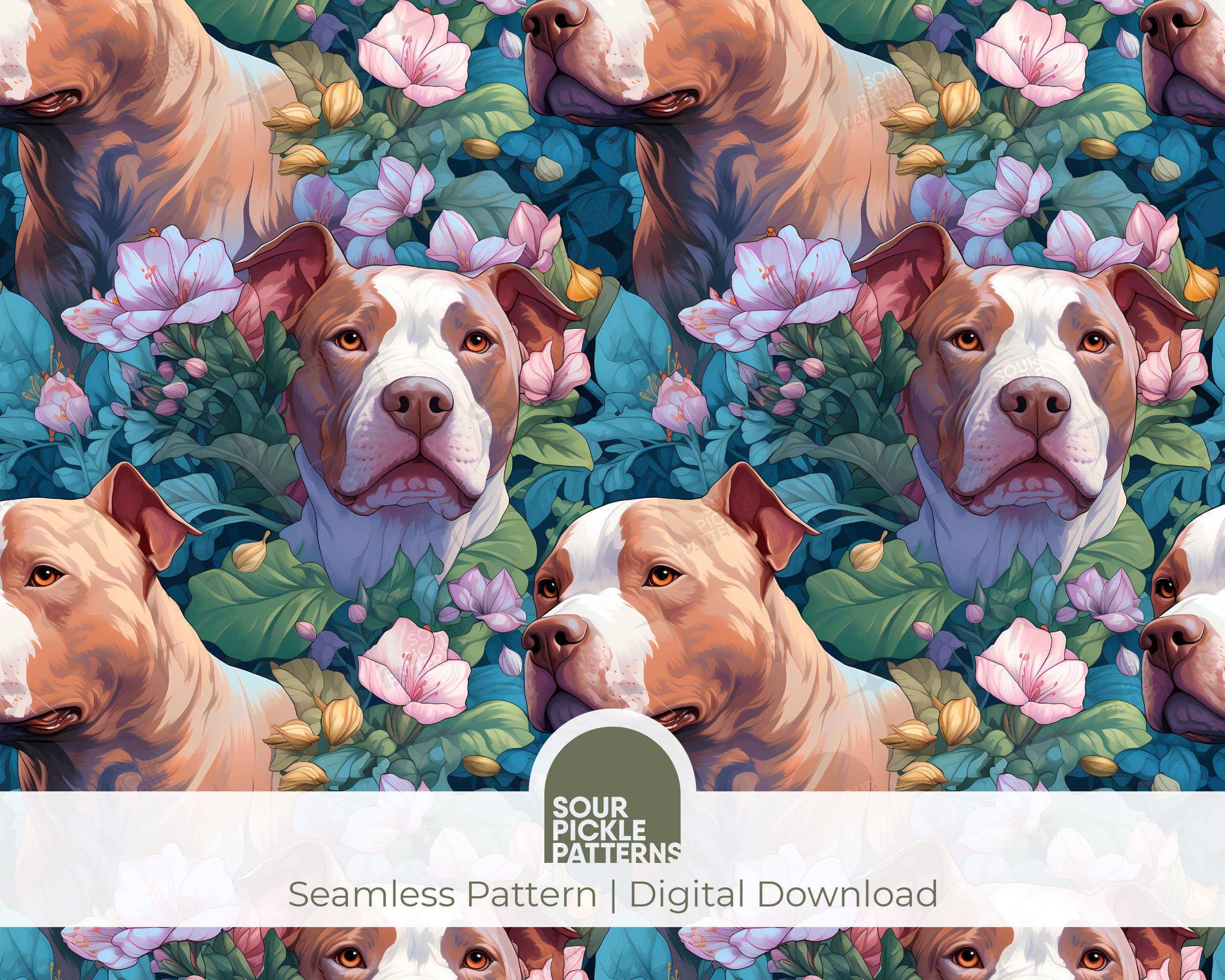 Pitbull Digital Pattern, Seamless Dog Illustration, Cute Large Breed ...
