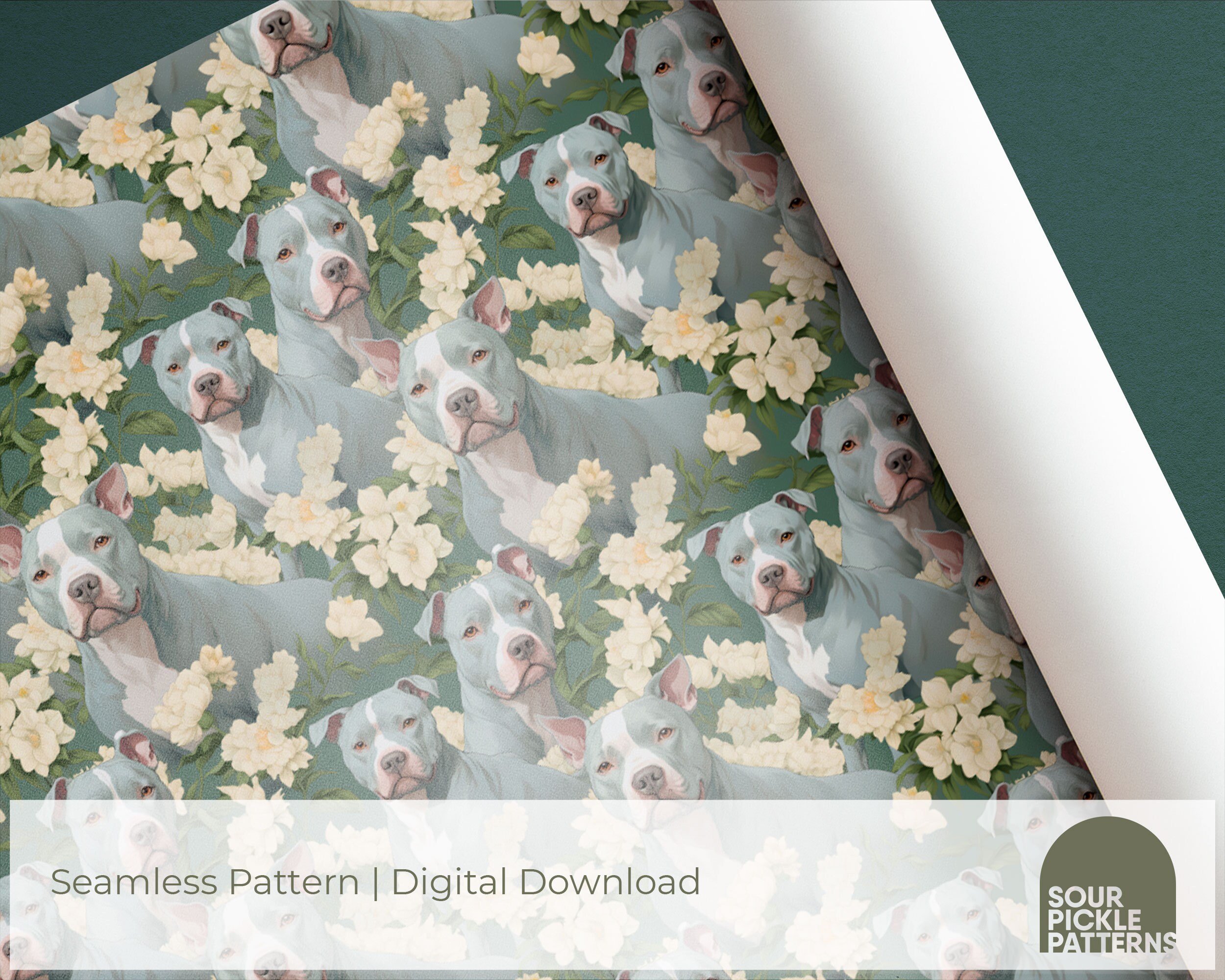 Pitbull Digital Pattern, Dog Illustration, Cute Large Breed Puppy ...