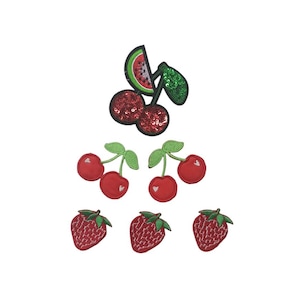 Fruits Sparkling Cherry Cherries Strawberry Strawberries Patch Iron or Sew on Embroidered ...