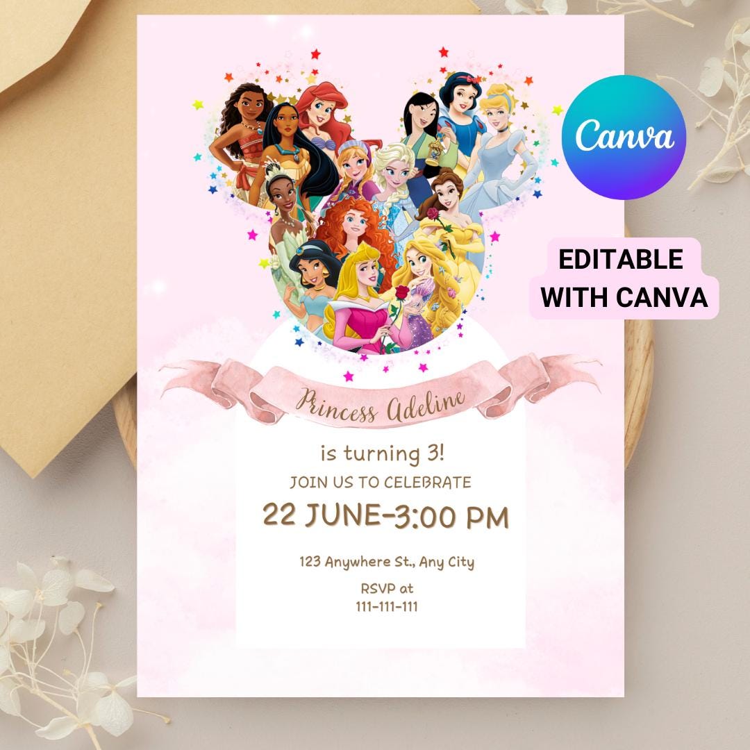 Editable Princess Birthday Invitation, Party Invitation Girl Princesses ...