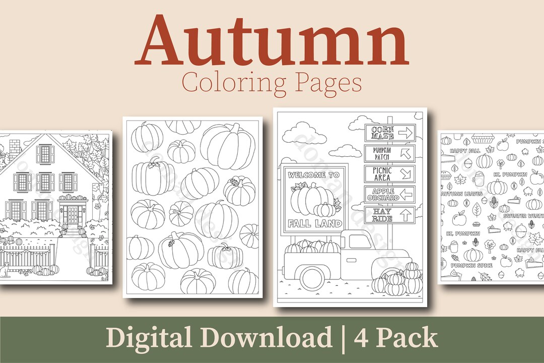 Autumn Themed Coloring Book Pages | Digital Download 4 Pack | Pumpkins ...